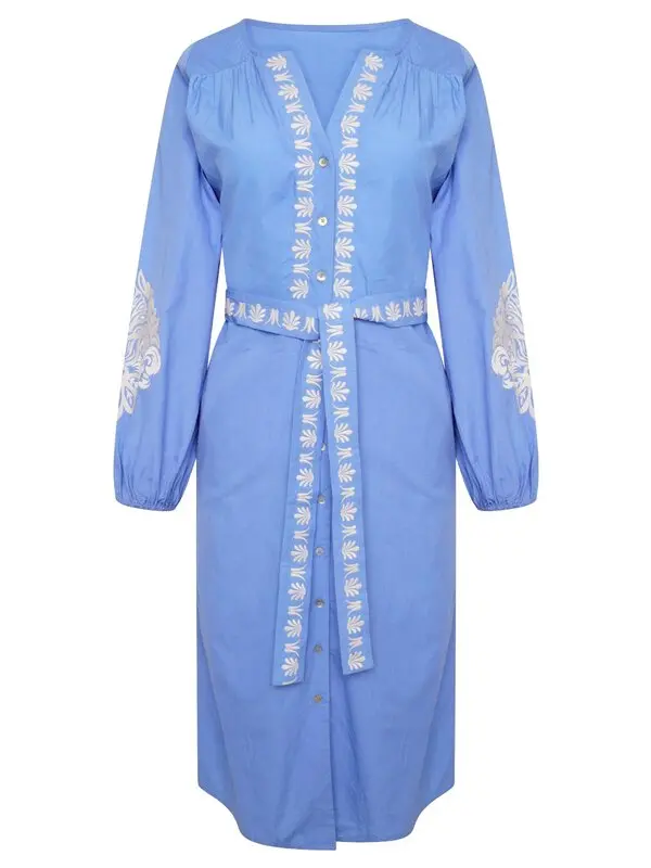 LATELIER LONDON Embroidered Midi Shirt Dress - Blue