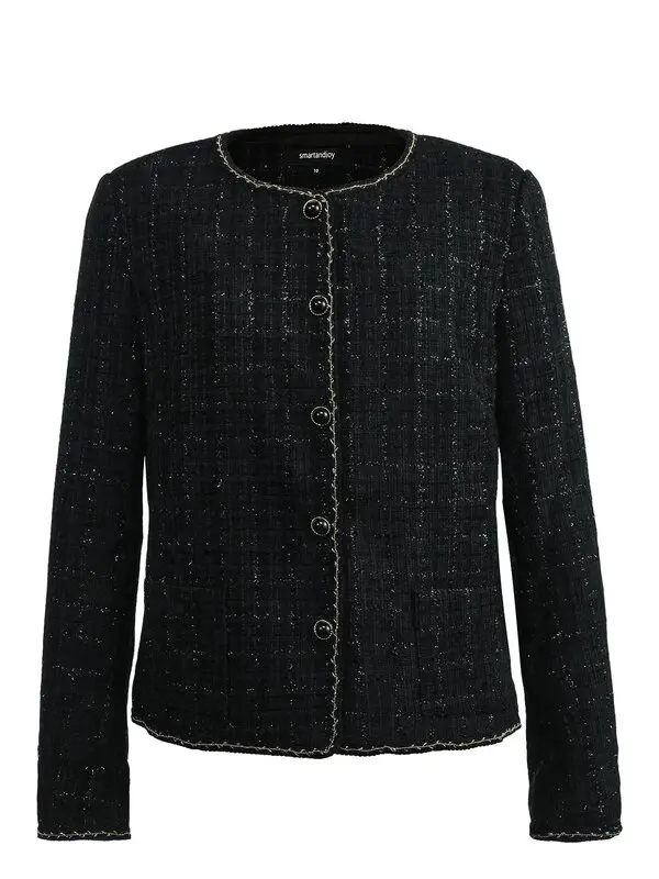 SMART AND JOY Tweed Round Neck Jacket - Black