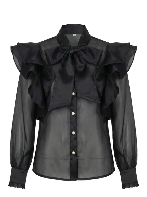 MODENAIRE Sheer Ruffle Blouse With Statet Bow - Black