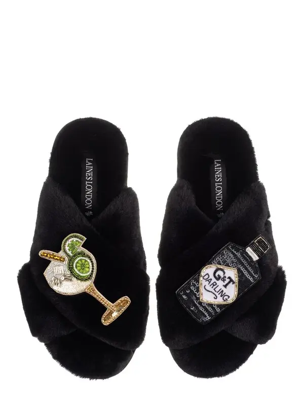 LAINES LONDON Classic Laines Slippers With Botanical Gin & Glass Brooches - Black