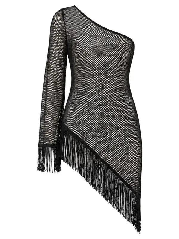 WOMEN & WOMEN Metallic One-shoulder Mesh Cover-up Dress With Fringe - Black
