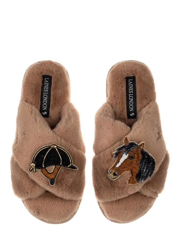 LAINES LONDON Neutrals Classic Laines Slippers With Riding Hat & Horse Brooches Toffee - Brown