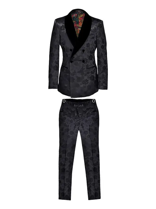 DAVID WEJ Atticus Double Breasted Jacquard Velvet Shawl Lapel Tuxedo - Black