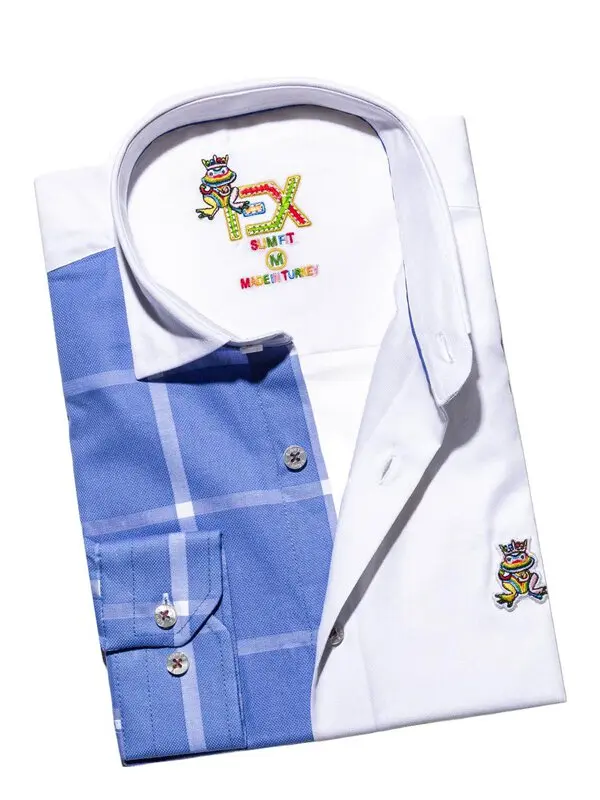 EIGHT X Part Plaid Frog Oxford Button Down Shirt - Blue