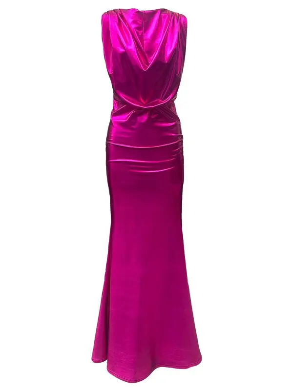 IMAATU Oshun Glam Metallic Shine Sculpting Elastic Faux Leather Party Gala Maxi Dress - Pink