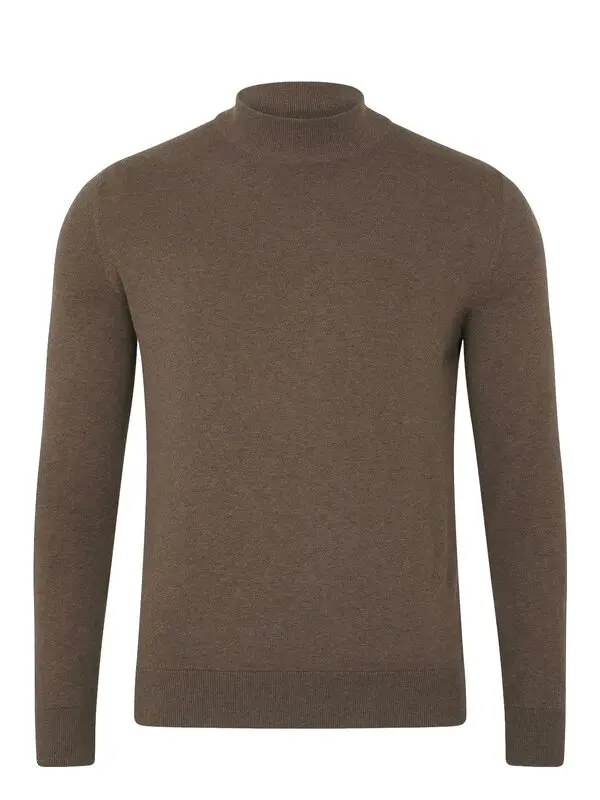 PAUL JAMES KNITWEAR Ultra Fine Cotton Spencer Mock Turtle Neck Jumper Tobacco - Brown