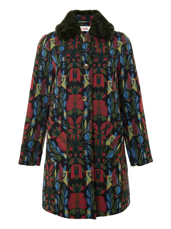 LOUCHE Dryden Folk Jacquard Fur Collared Coat - Black