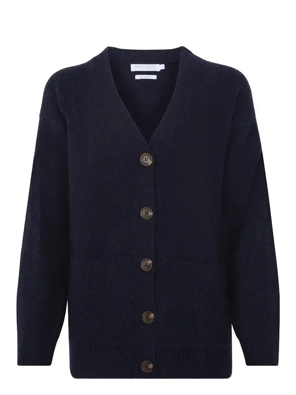 PAUL JAMES KNITWEAR Lambswool V Neck Ribbed Layla Cardigan With Pockets Oxford - Blue