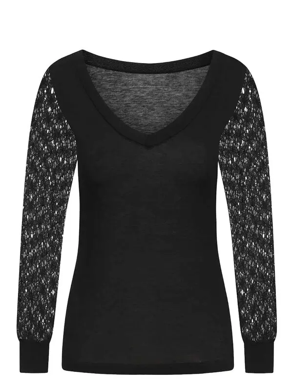 SOPHIE CAMERON DAVIES V-neck Jersey Lace Sleeve Top - Black