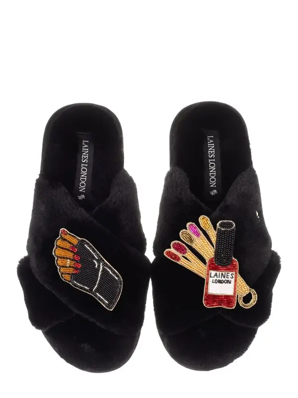 LAINES LONDON Classic Laines Slippers With Cocoa Nail Tech Brooches - Black