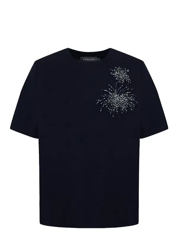 EXQUISE Regular Minimalist Sparkle Accent Madilyn T-shirt Navy - Blue