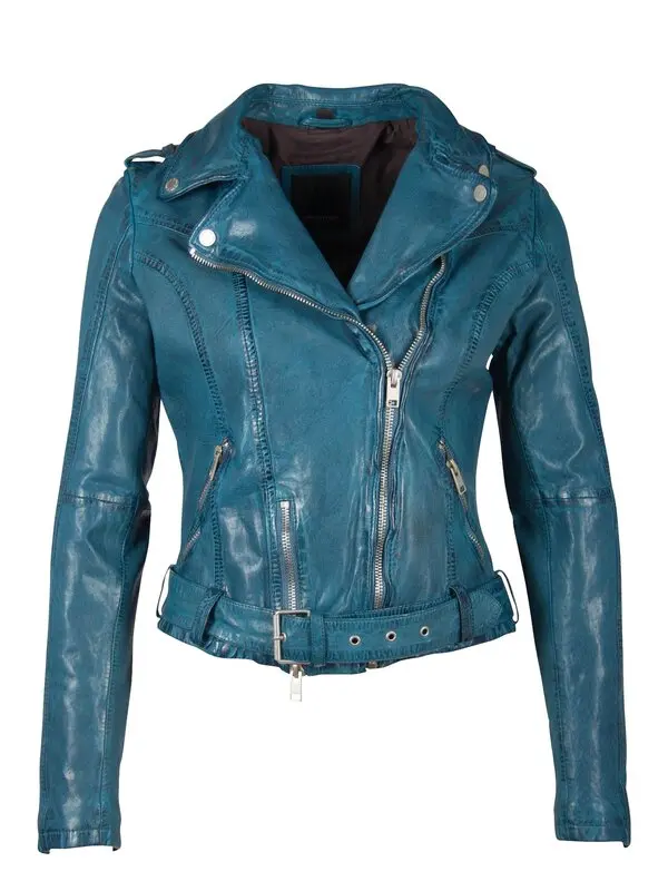 Mauritius Belted Slim Fit Leather Jacket Wild Teal - Blue
