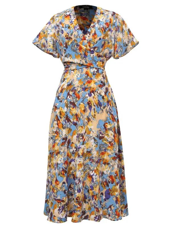 SMART AND JOY Wrap Midi Abstract Print Midi Dress Yellow - Blue