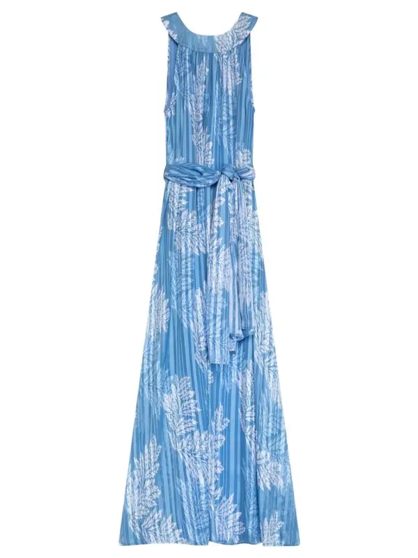 NIZA Long Floral Print Jumpsuit With V-neck And Wide Skirt - Blue