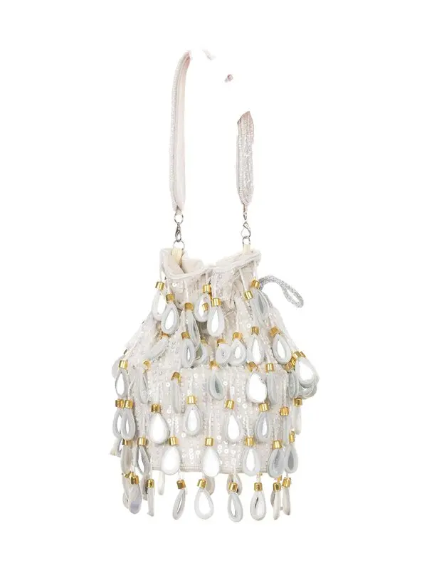 PODE Keisha Ivory Embellished Drawstring Bag - White