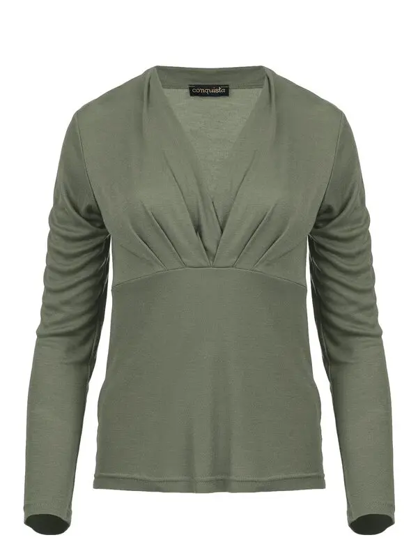 CONQUISTA Dusty Long Sleeve, Faux Wrap Top In Stretch Jersey Sustainable Fabric - Green