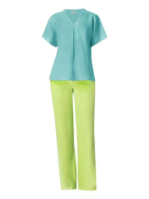 Haris Cotton Short Sleeved Linen Shirt With Front Pleat And V Neck Crystal - Blue
