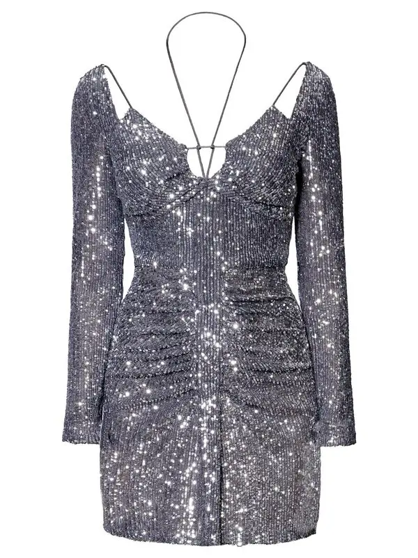 AGGI BY HALEWSKI Dianna Diamond Mini Sequin Long Sleeves Dress - Silver