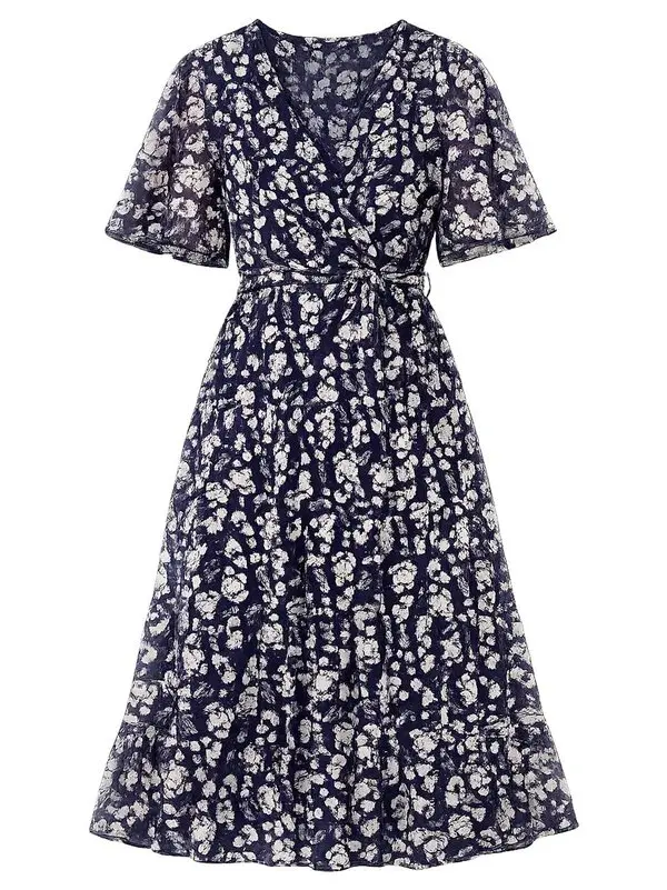 YUMI Navy Floral Mesh Wrap Dress - Blue