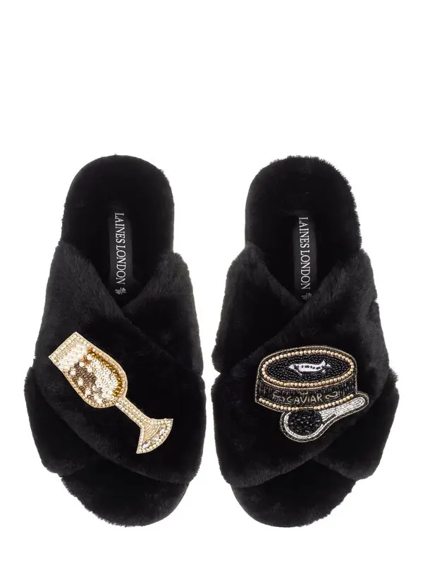 LAINES LONDON Classic Laines Slippers With Caviar & Glass Of Champers Brooches - Black
