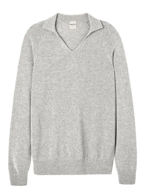 SALTS CASHMERE Split Neck Polo Sweater Marl - Grey