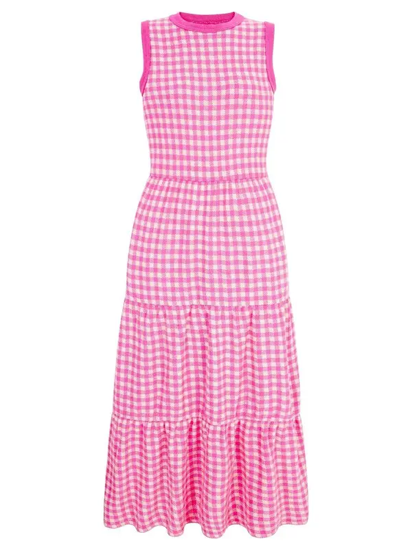 CARA & THE SKY Paula Gingham Cotton Knitted Midi Summer Dress Hot - Pink