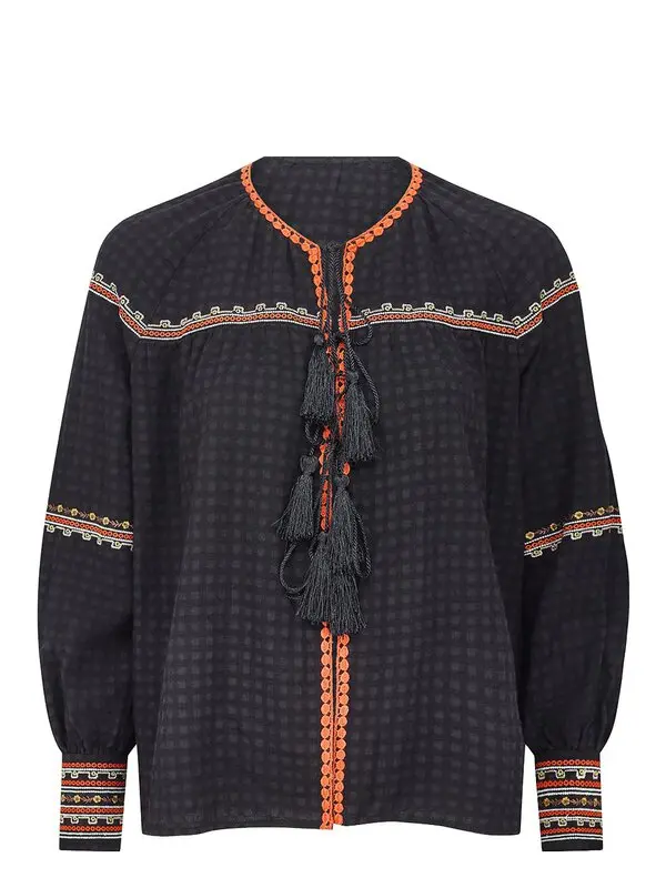 RAFFYA Shilo Embroidered Collarless Blouse - Black