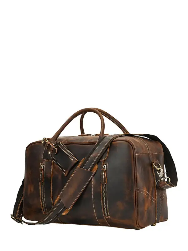 TOURI Genuine Leather Over Night Weekender Bag - Brown