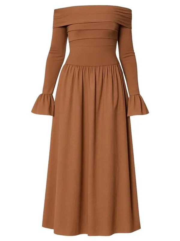 MODISTA THIRTY-ONE Winter Off-shoulder Mocha Drop Waist Midi Puff Dress - Brown