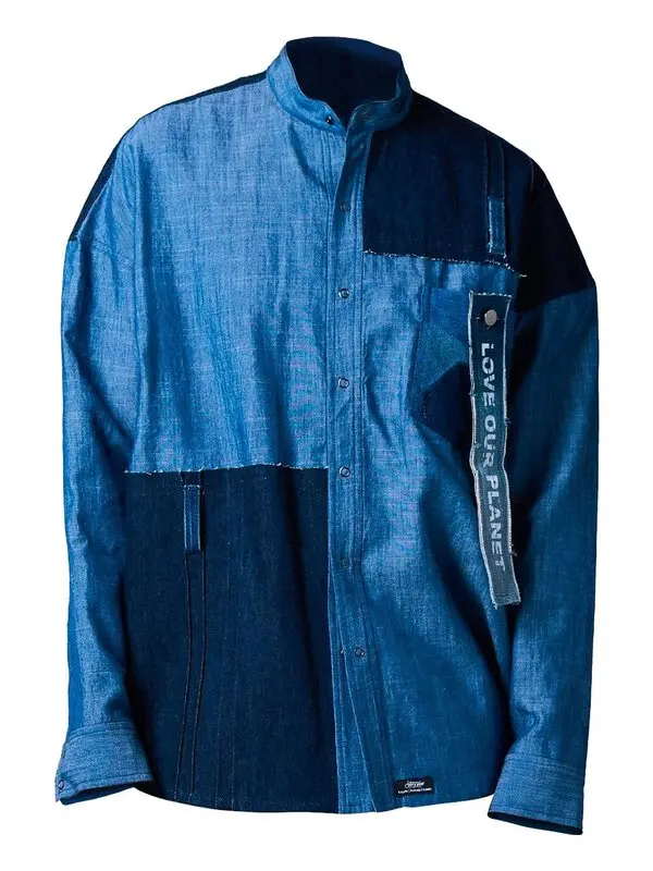 STORY WEAR Seventy's Stand Collar Patchwork Shirt - Blue