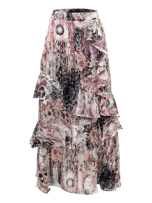 SMART AND JOY Long Chiffon Skirt With Ruffles Floral Print & Purple - Pink