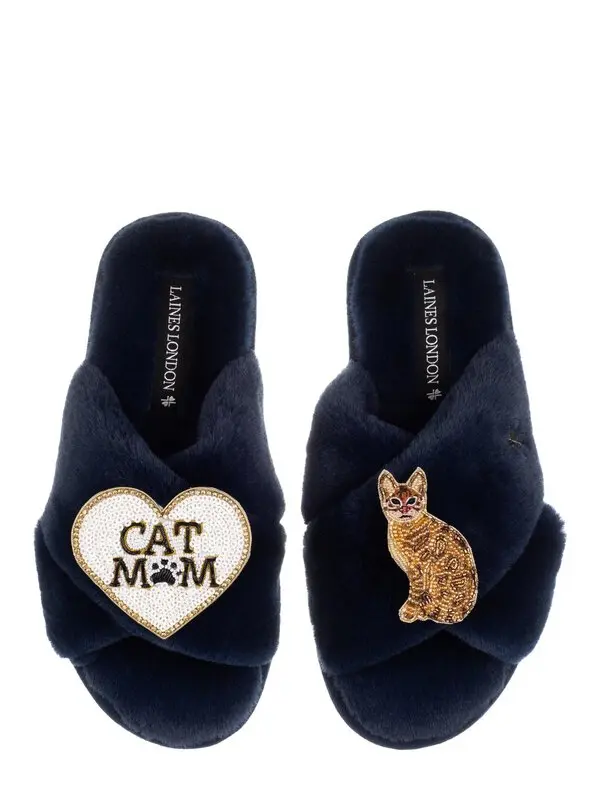 LAINES LONDON Classic Laines Slippers With Cat Mum/mom & Bengal Cat Brooches Navy - Blue