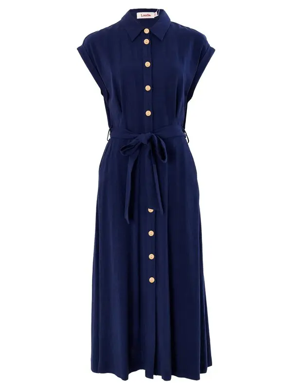 LOUCHE Reese Linen Mix Button Through Midi Shirt Dress Navy - Blue