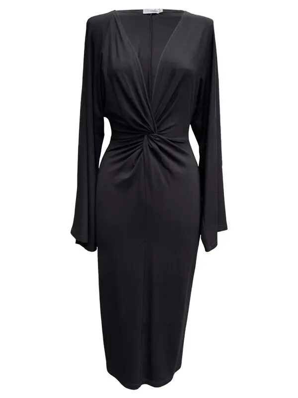 IMAATU Eclipse Knot Front Extremely Deep V-neck Sculpting Elastic Viscose Midi Dress Long Kimono Sleeves - Black