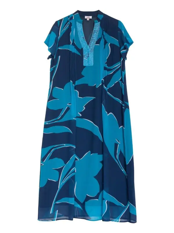 NIZA Printed Short Sleeve V-neck Midi Dress With Embroidery - Blue