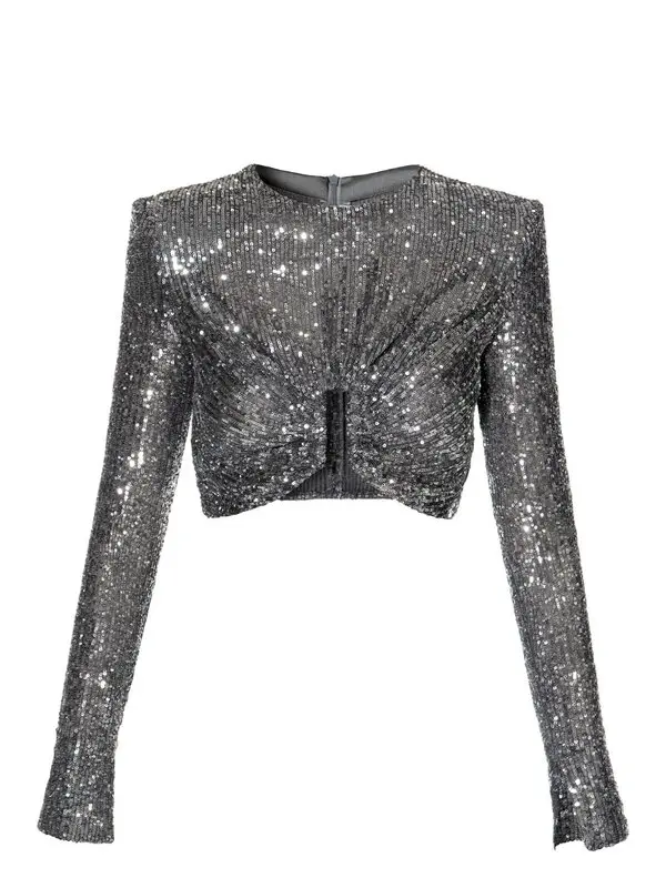 AGGI BY HALEWSKI Meg Diamond Sequined Long Sleeve Crop Top - Silver