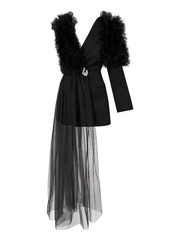 LIA ARAM Ruffle Surprise Tailored Blazer - Black
