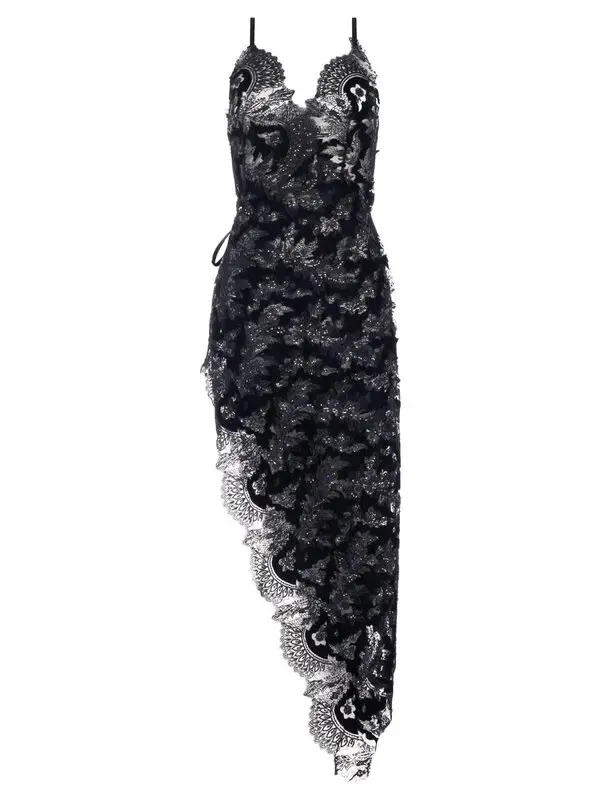 BELLE ET BON BON Chiffon Slip Included In Our Florentina Noir Velvet & Tulle Sheer Beaded Long Dress - Black