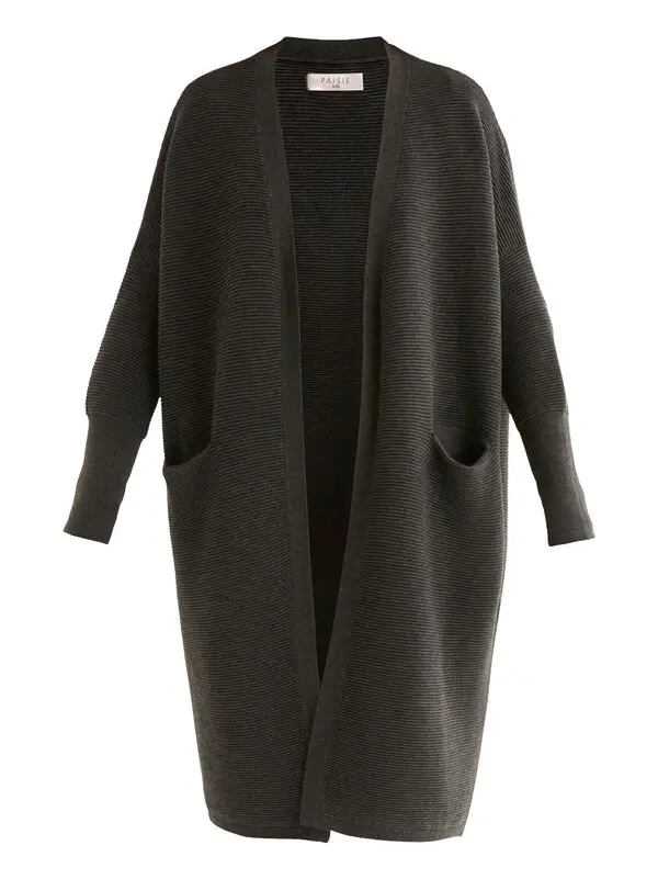 PAISIE Long Ribbed Cardigan In Dark - Grey