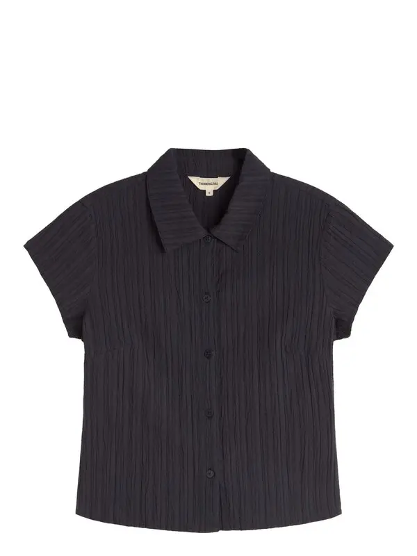 THINKING MU Blouse Slim Popcorn Navy Kitty - Blue