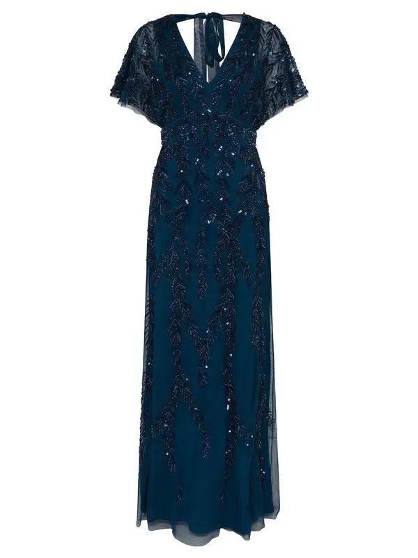 RAISHMA Serenity A Flattering V Neckline, Tie Up Back, Cap Sleeve & All Over Hand Embellishts Gown - Blue