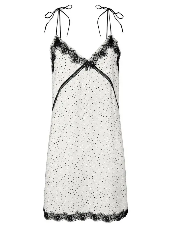 2KSTYLE Toma Polka-dot Lace-trim Slip Mini Dress And Black - White