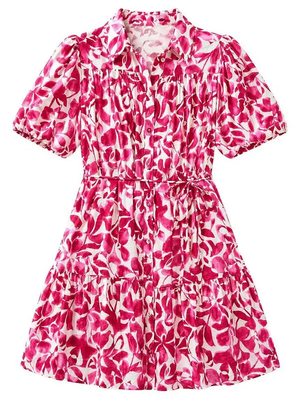 YUMI Floral Print Viscose Relaxed Shirt Dress - Pink
