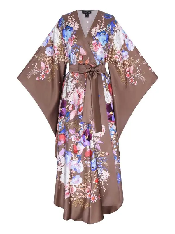 MENG Chocolate Watercolour Flowers Silk Satin Wrap Dress - Brown