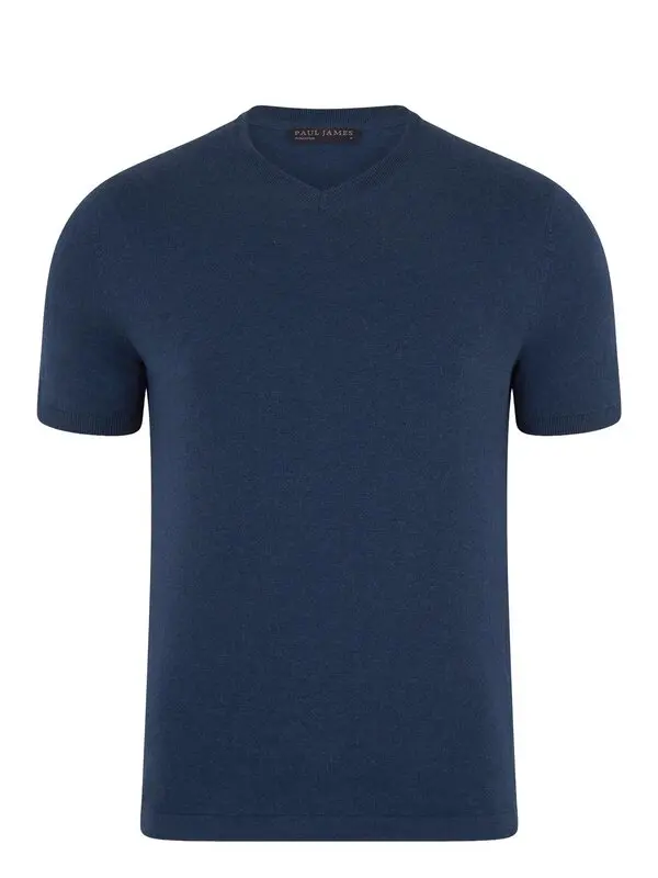 PAUL JAMES KNITWEAR Ultra Fine Cotton Hudsonn High V Neck Knitted T-shirt Melange - Blue