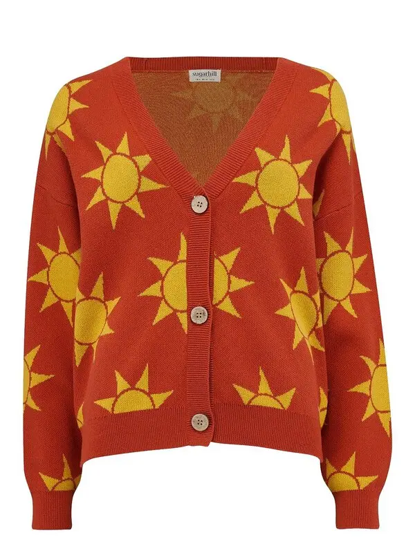 SUGARHILL BRIGHTON Angelica V Neck Cardigan, Rusty Canyon Sunshine - Red