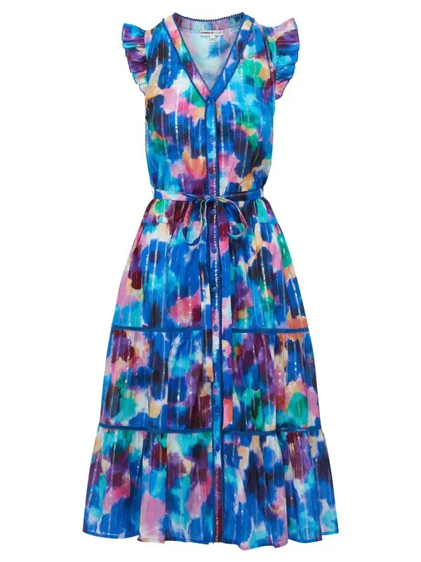 CHANGE OF SCENERY Blue / Red Emily Tiered Maxi Shirt Dress In Giverny Gardens Metallic Print - Blue/red