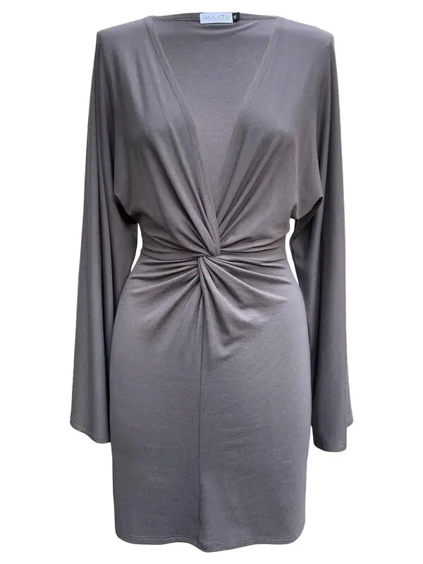 IMAATU Eclipse Knot Front Extremely Deep V-neck Sculpting Elastic Viscose Mini Dress Long Kimono Sleeves - Grey
