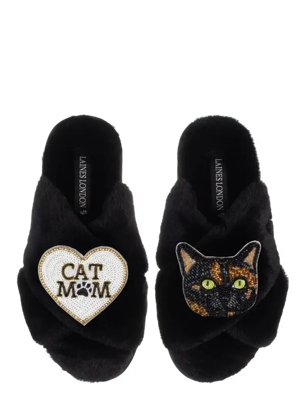 LAINES LONDON Classic Laines Slippers With Cat Mum/mom & Misty The Tortoiseshell Cat Brooches - Black