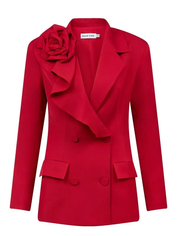 SOUR FIGS Rose-detail Double-breasted Blazer In Vivid Burgundy - Red